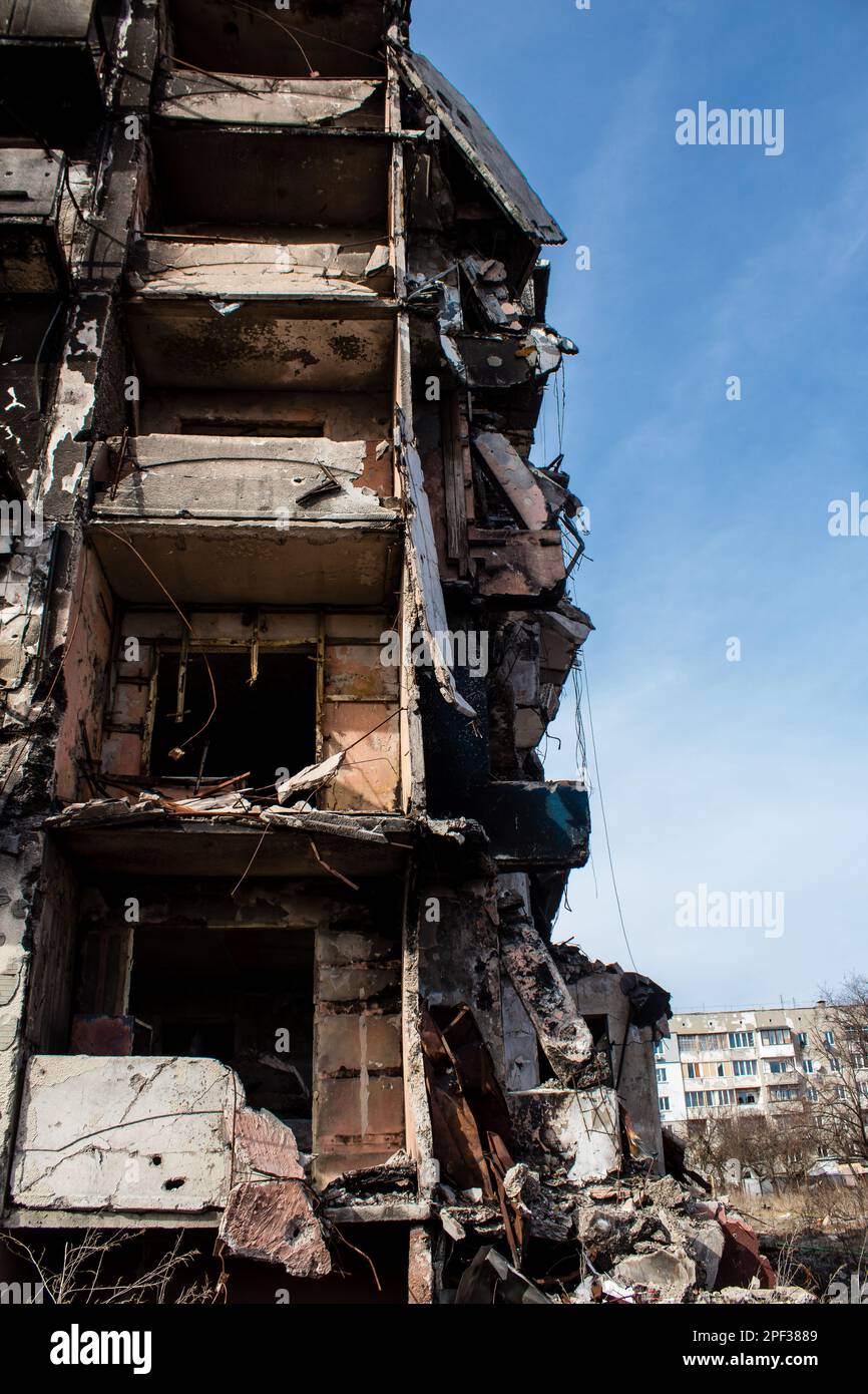 Facade of a building that burned down following artillery fire. Most ...