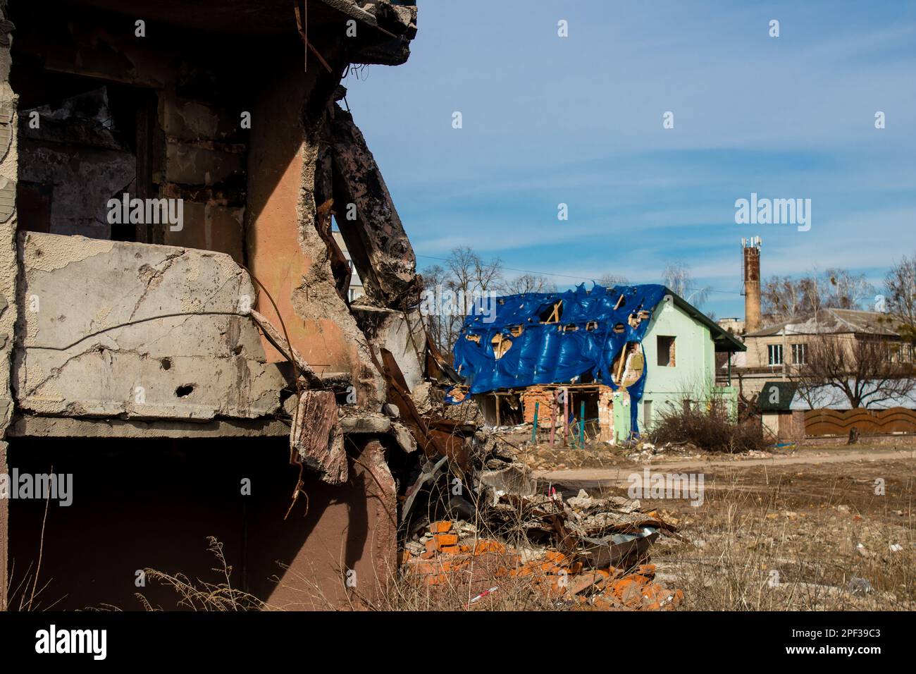 Facade of a building that burned down following artillery fire. Most ...