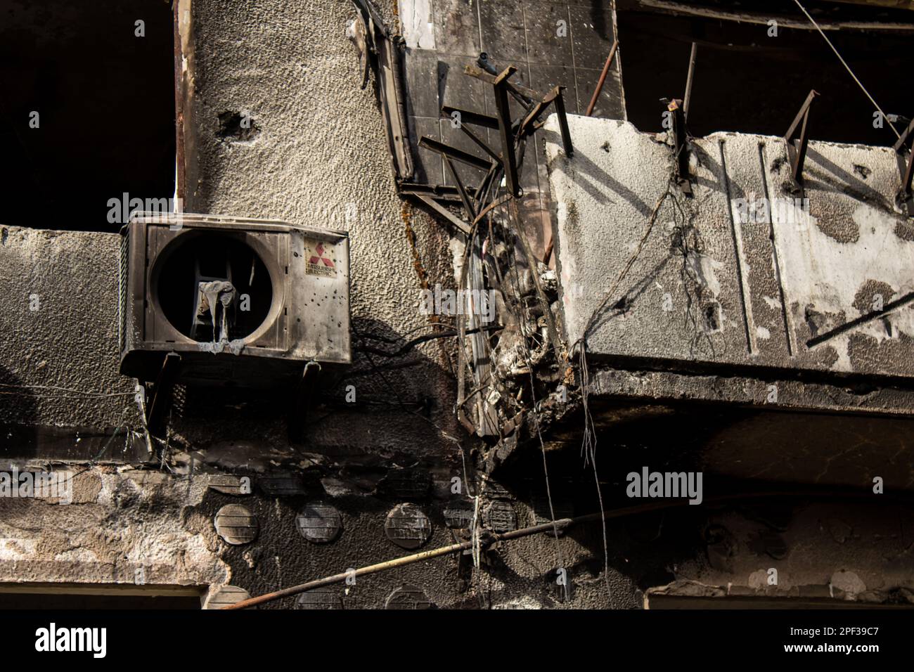 Facade of a building that burned down following artillery fire. Most ...