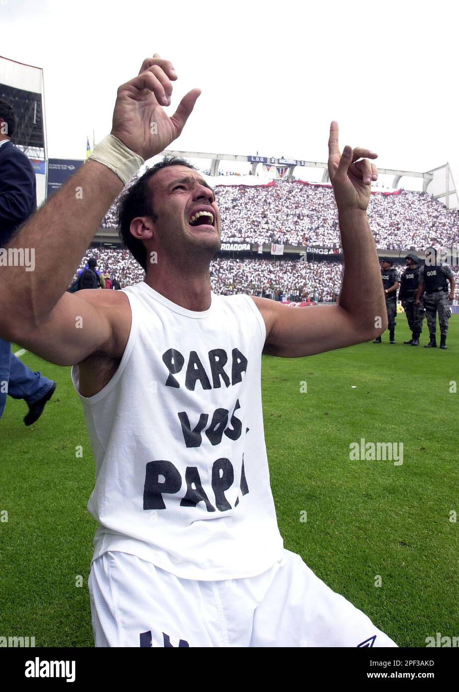 Martin Ojeda, player of Liga Deportiva Universitaria, celebrates when ...