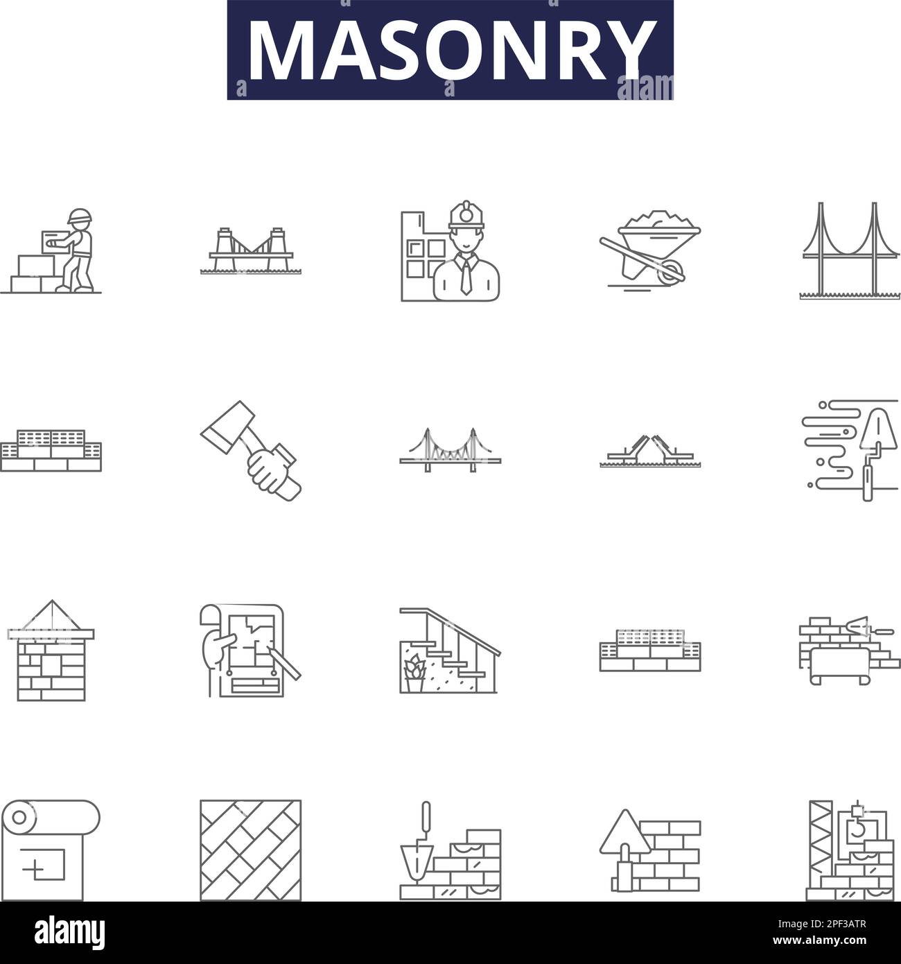 Masonry line vector icons and signs. bricklaying, tiling, pointing ...