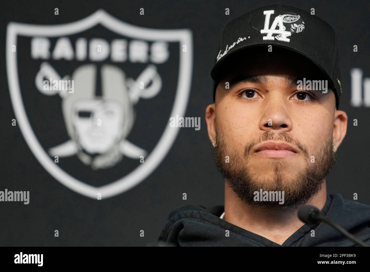 Las Vegas Raiders safety Marcus Epps takes questions from reporters at ...