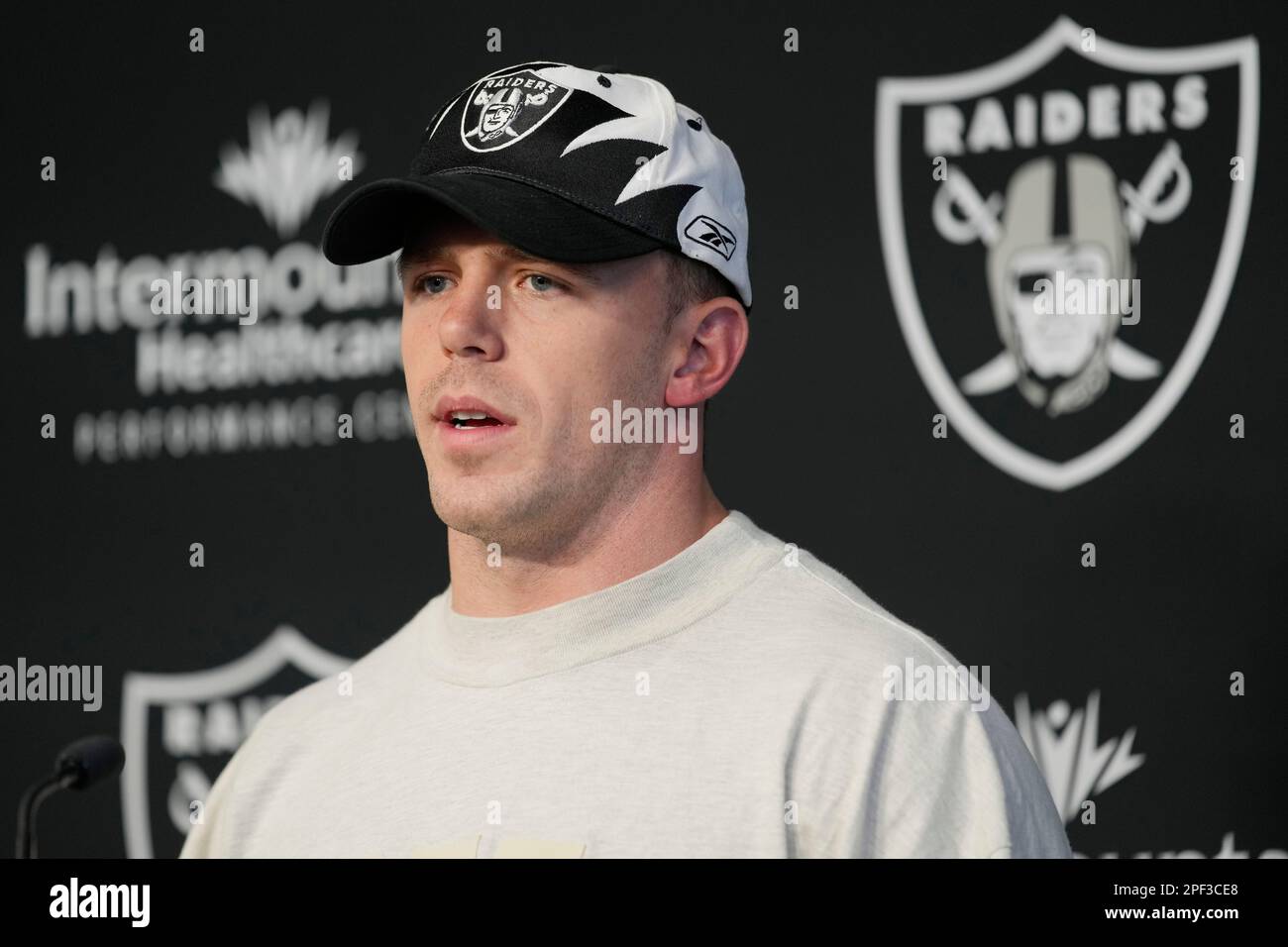 Las Vegas Raiders linebacker Robert Spillane takes questions from ...
