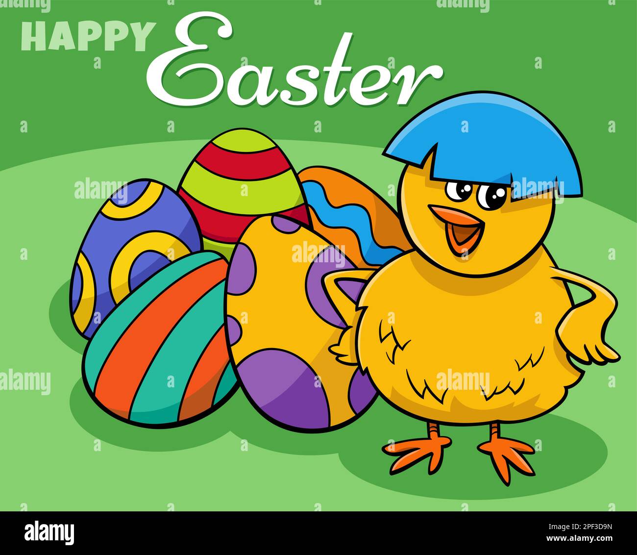 Cartoon illustration of Easter Chick with colored egg greeting card ...