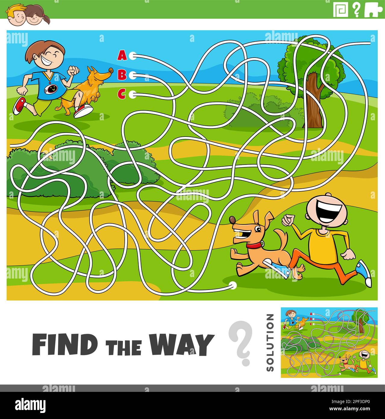 Cartoon illustration of find the way maze puzzle game with funny boys ...