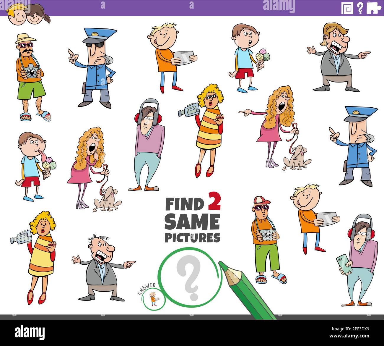 Cartoon illustration of finding two same pictures educational game with ...