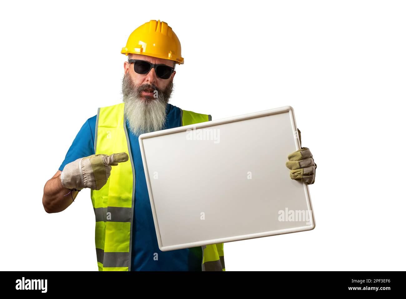 Construction worker with beard and sunglasses pointing his finger at a ...