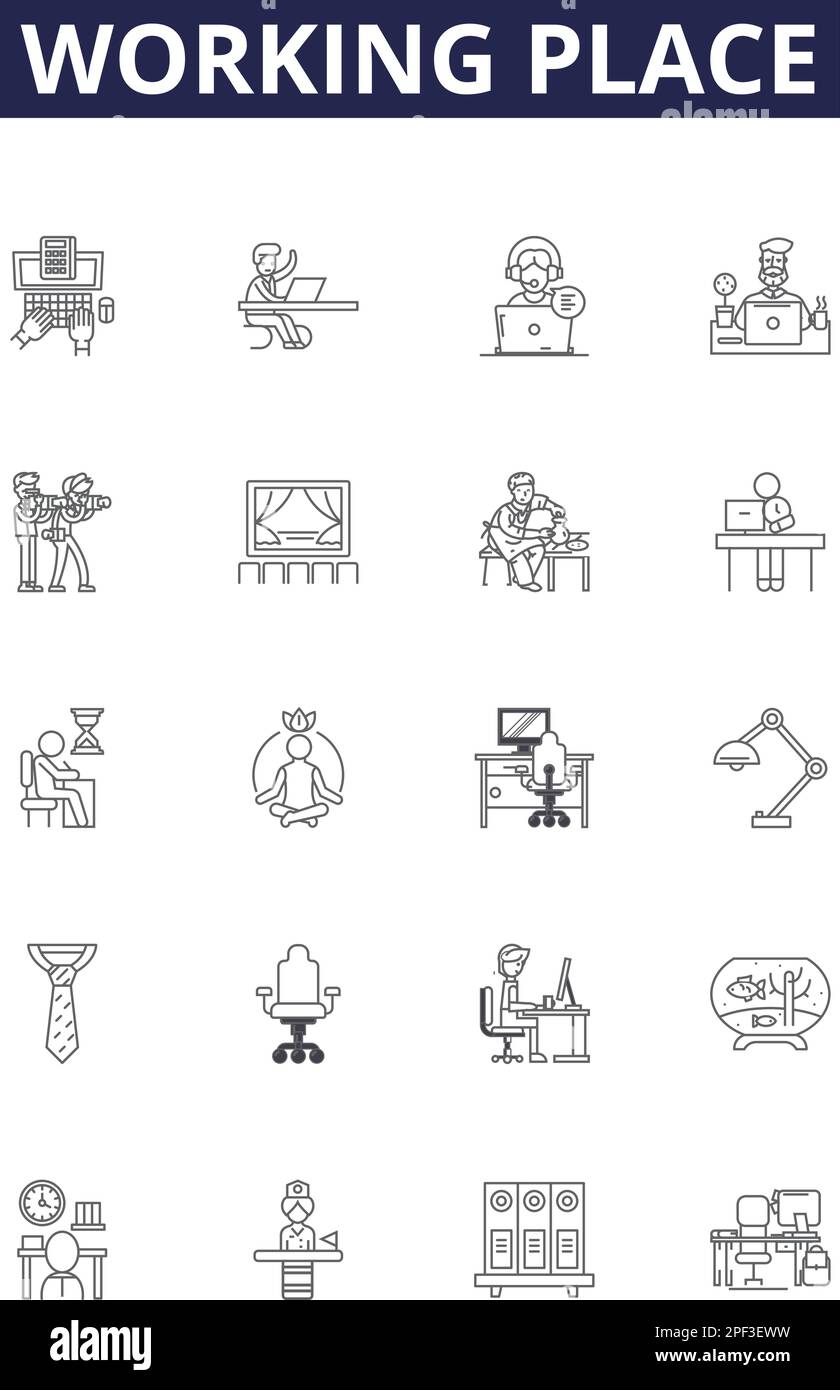 Working place line vector icons and signs. cubicle, space, desk, job ...