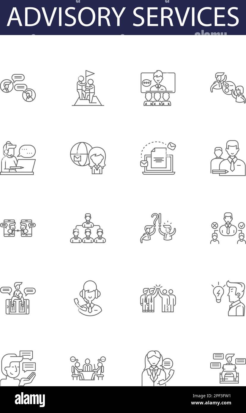 Advisory services line vector icons and signs. Consulting, Counseling, Facilitating, Mentoring ...