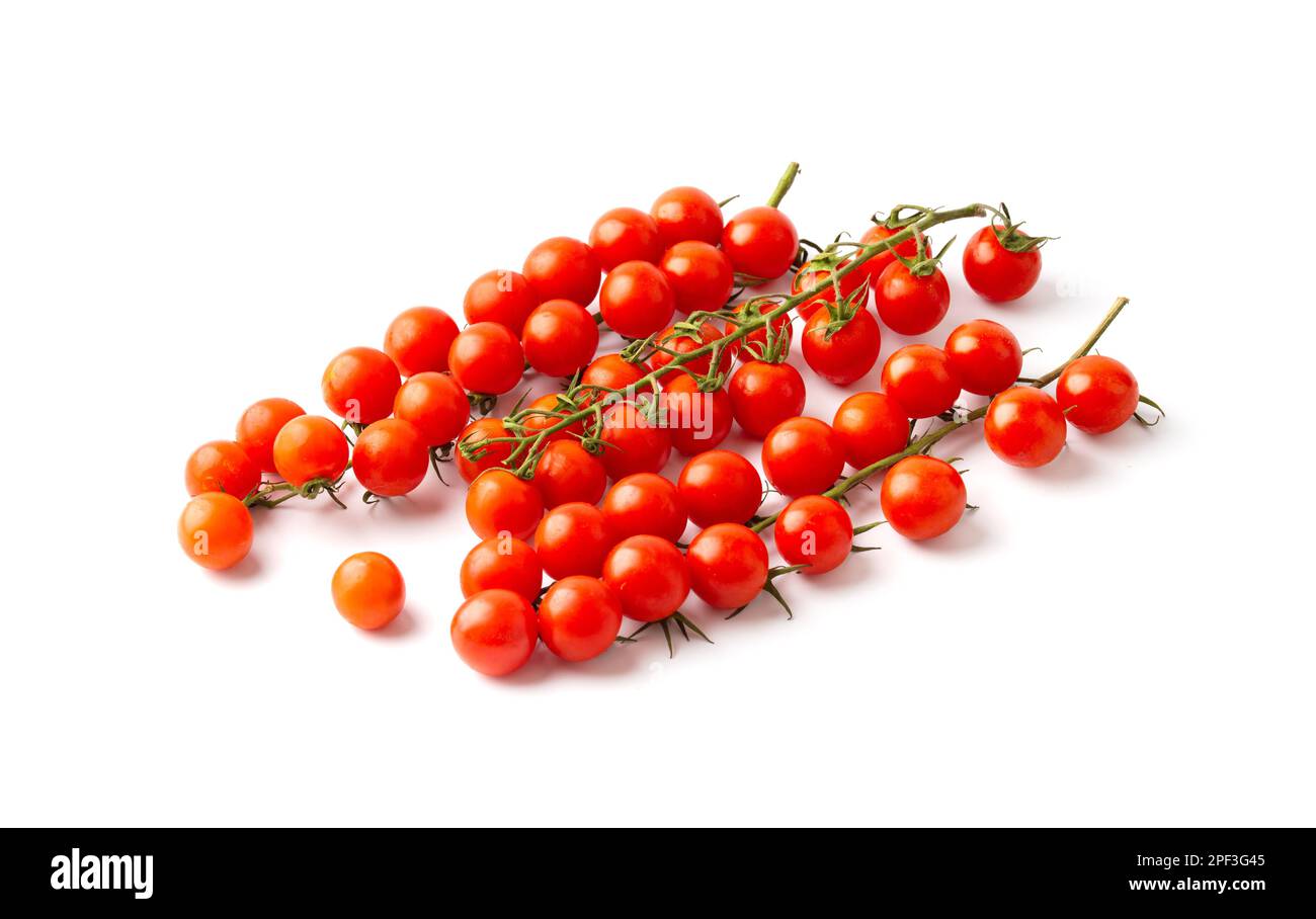 Beautiful long branches of fresh ripe cherry tomatoes on a white ...