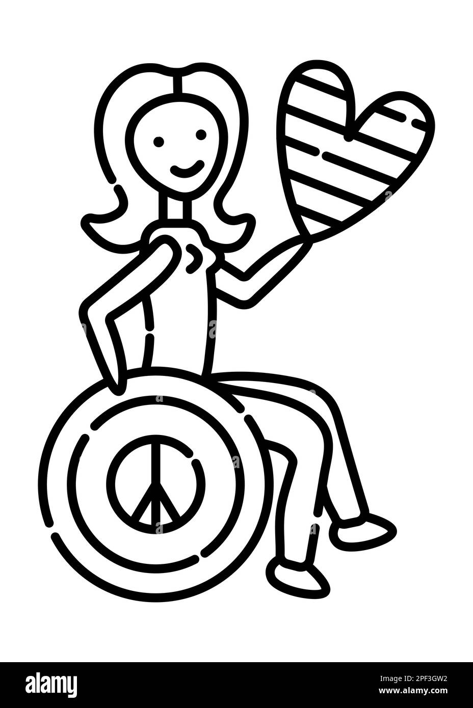 Disabled woman in wheelchair with heart in her hand and pacific symbol ...