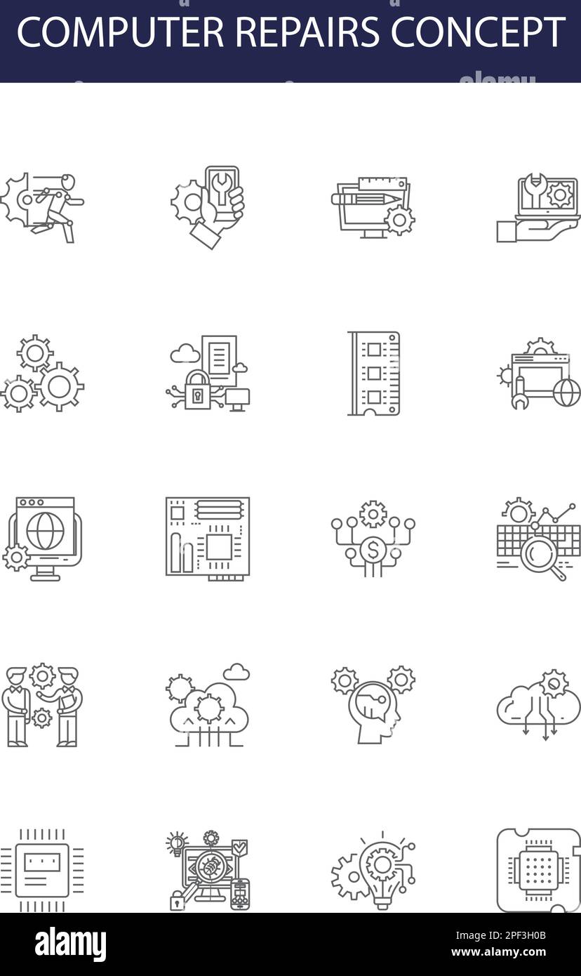 Computer repairs concept line vector icons and signs. technology ...