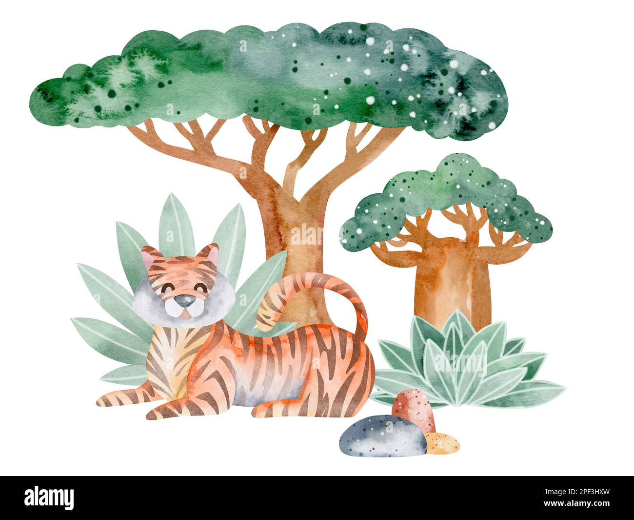 Set of watercolor illustrations of Savannah animals in nature. Children ...