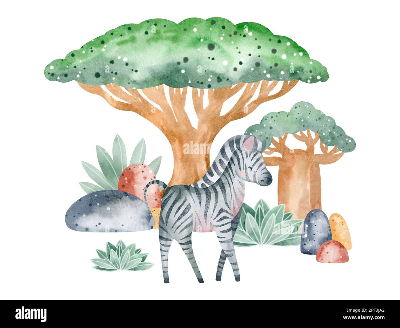 Set of watercolor illustrations of savannah animals in nature. Children ...