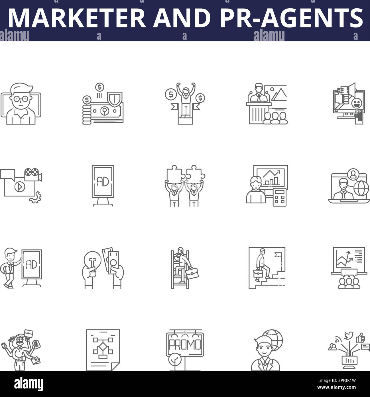 Marketer and pr agents line vector icons and signs. pr, agent ...