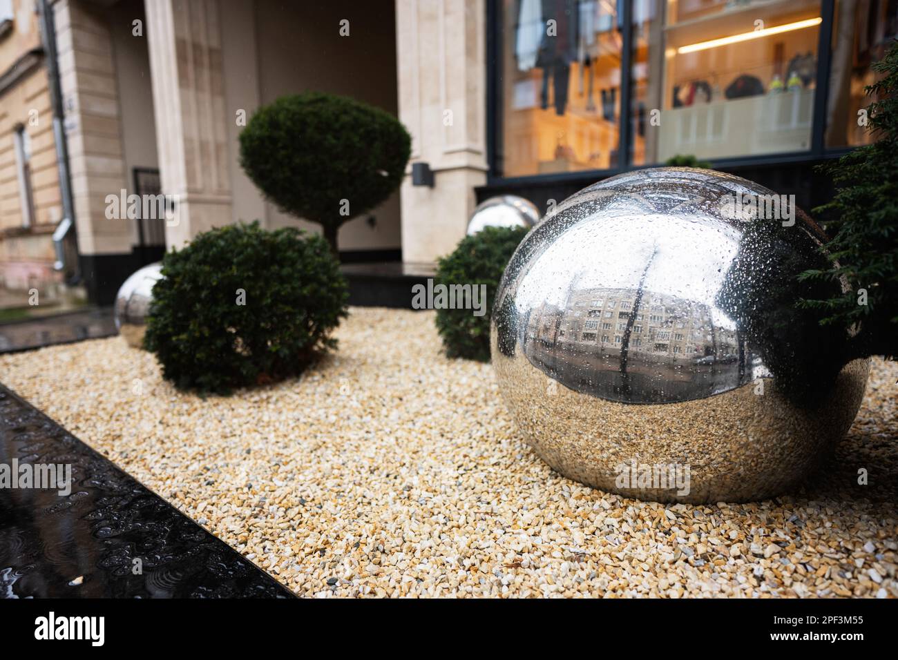 Shiny metallic mirror reflection balls, urban decoration of modrern ...
