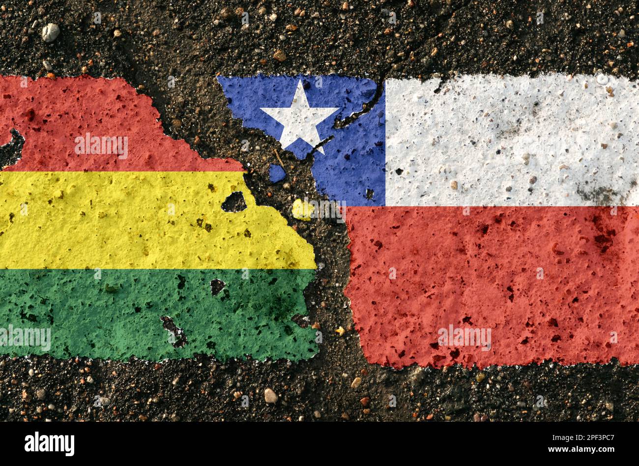 On the pavement there are images of the flags of Bolivia and Chile, as ...