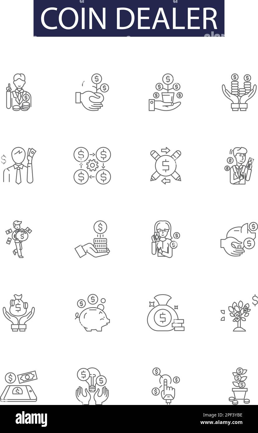 Coin dealer line vector icons and signs. Dealer, Numismatist, Trading, Collecting, Investing ...
