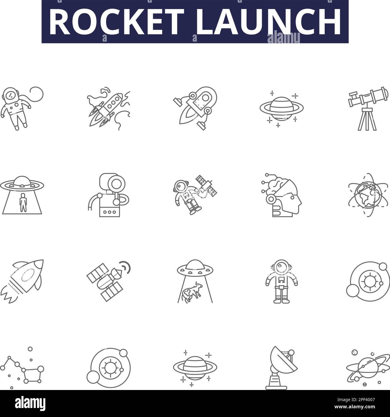 Rocket launch line vector icons and signs. Rocket, Liftoff, Ignition ...
