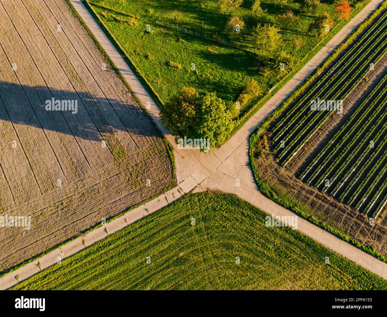 Aerial view of a crossroads between farmland and fields in autumn Stock ...