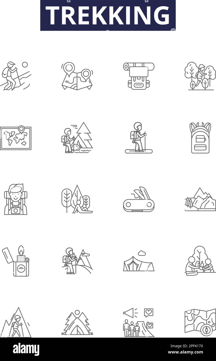 Trekking line vector icons and signs. Climb, Backpacking, Tramping ...