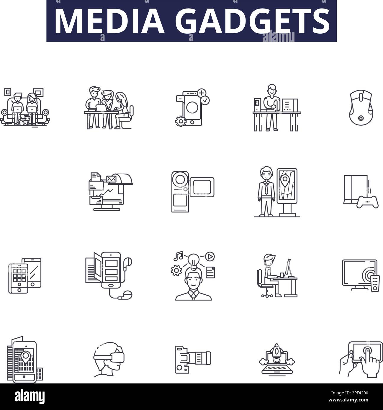 Media gadgets line vector icons and signs. TV, Camera, Monitor, Laptop ...