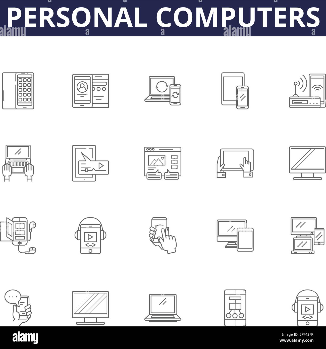 Personal computers line vector icons and signs. Laptops, Desktops ...