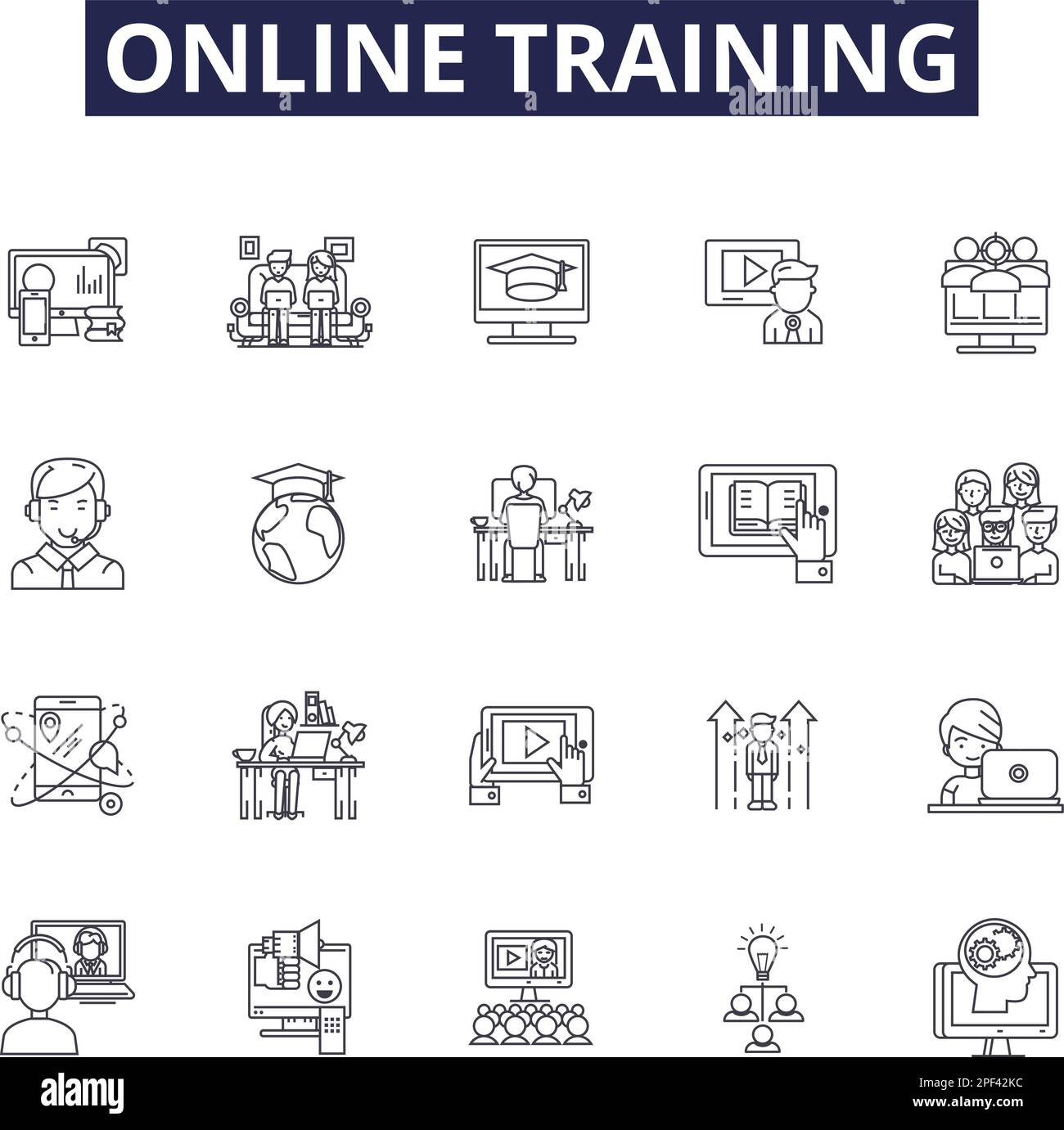 Online training line vector icons and signs. Webinars, Courses, Tutorials, Seminars, Workshops ...