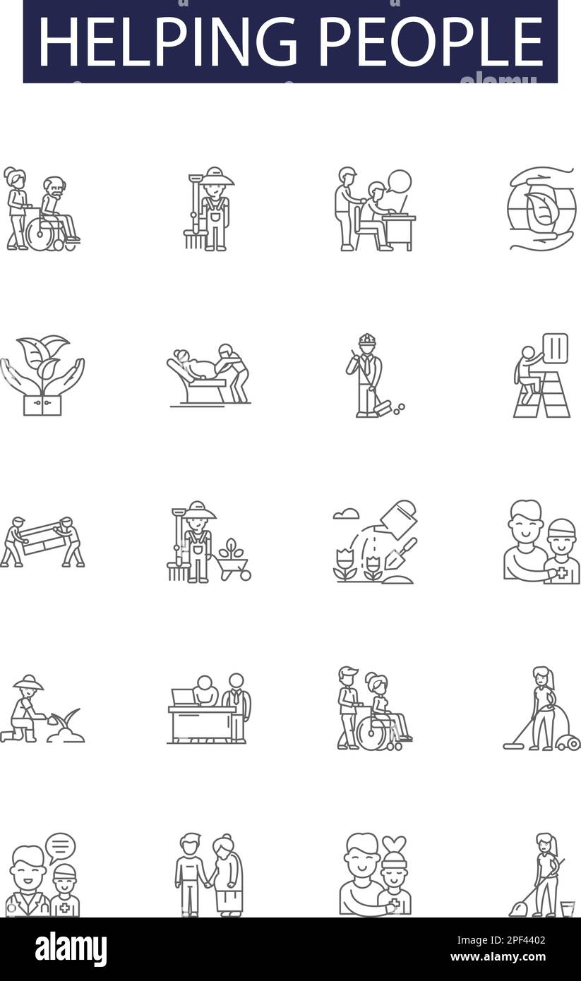 Helping people line vector icons and signs. Aid, Support, Cooperate ...