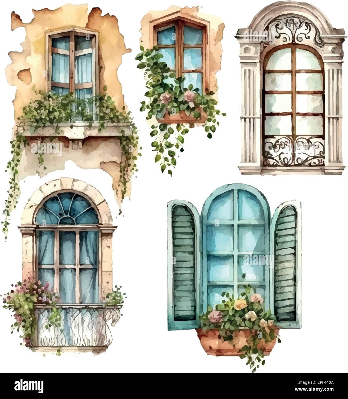 Vintage old european balcony window set the different windows with different shapes sizes and ...