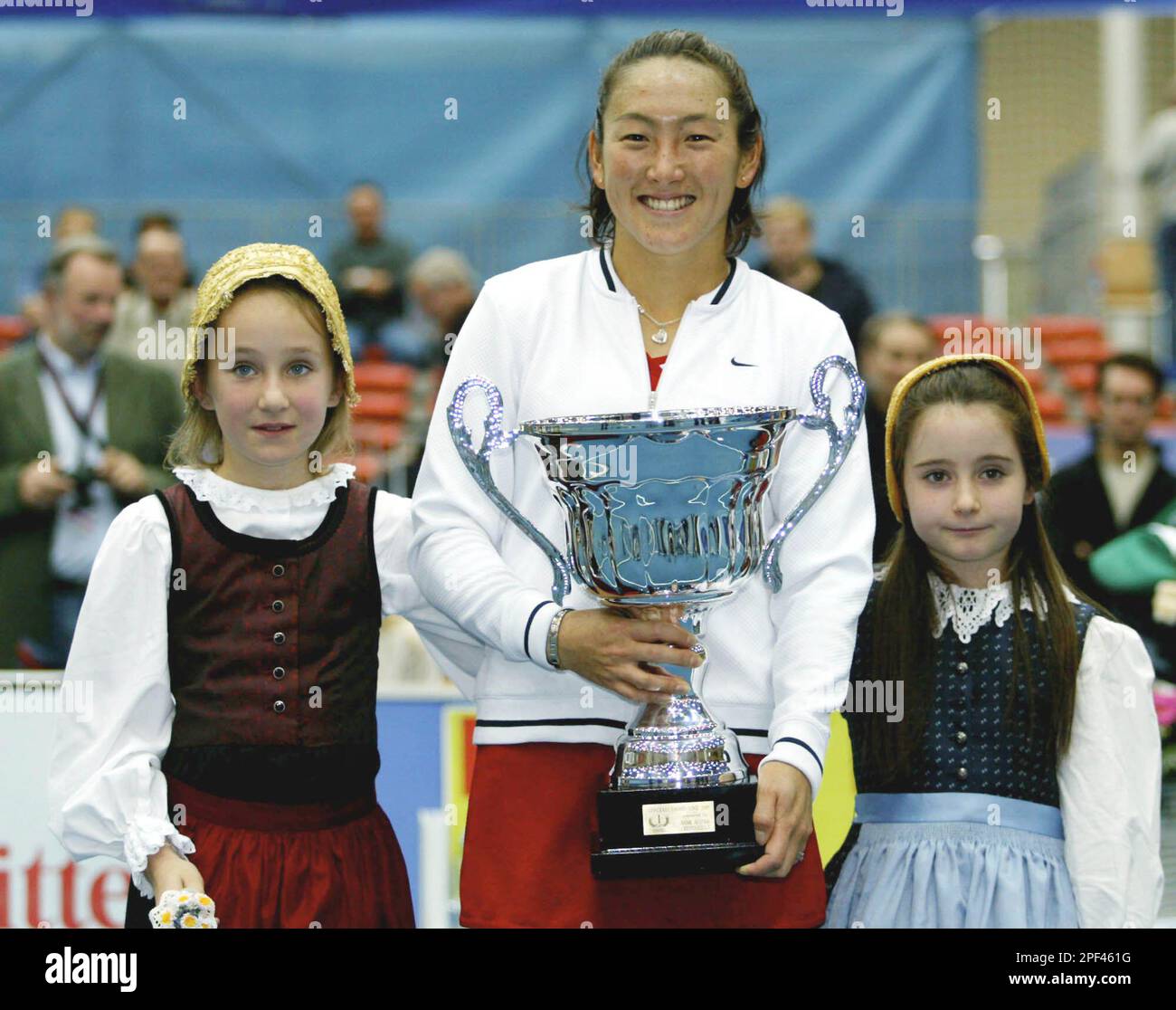 Ai Sugiyama of Japan poses with her trophy of the Generali Open Ladies ...