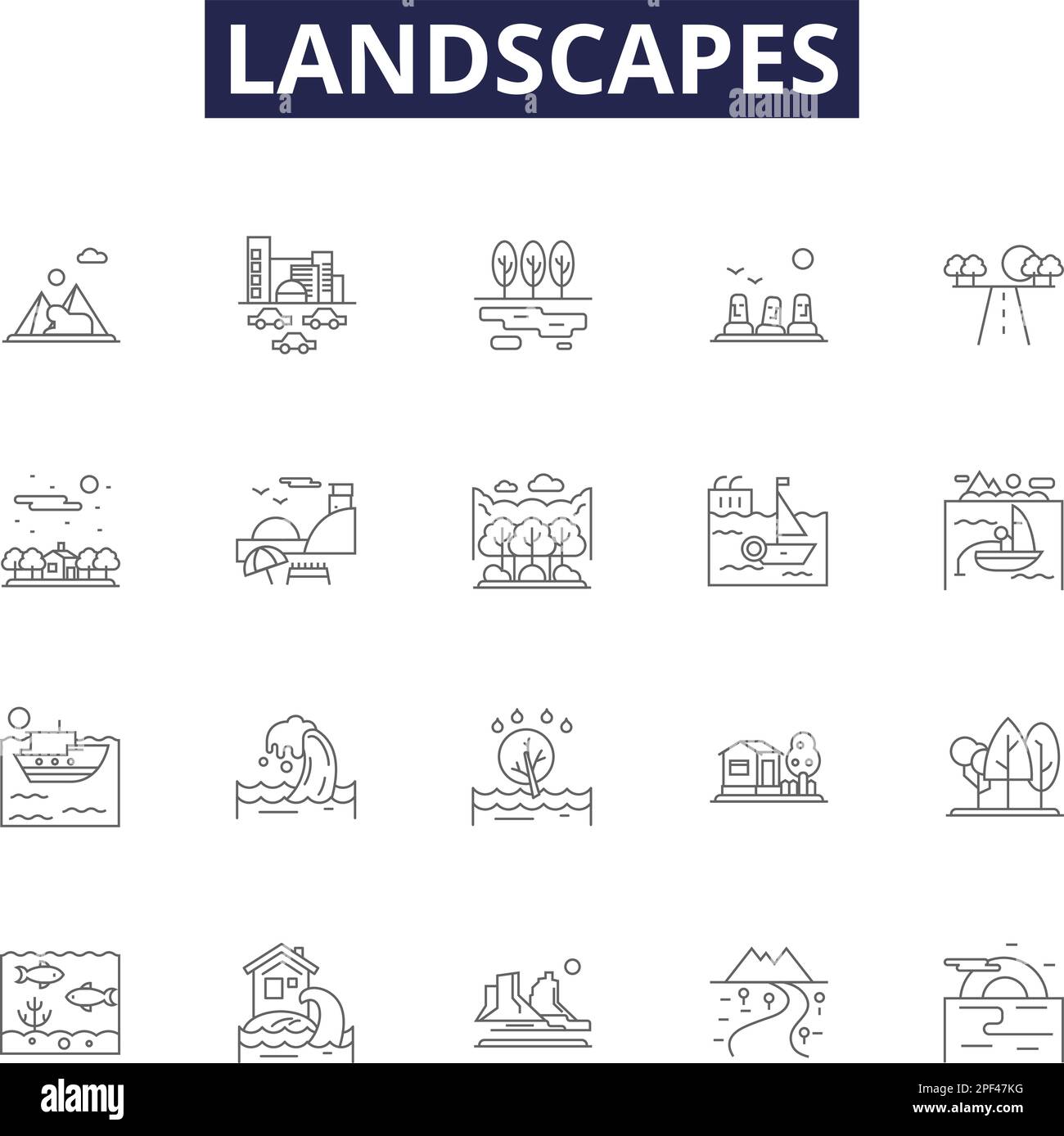 Landscapes line vector icons and signs. seascapes, nature, rural ...