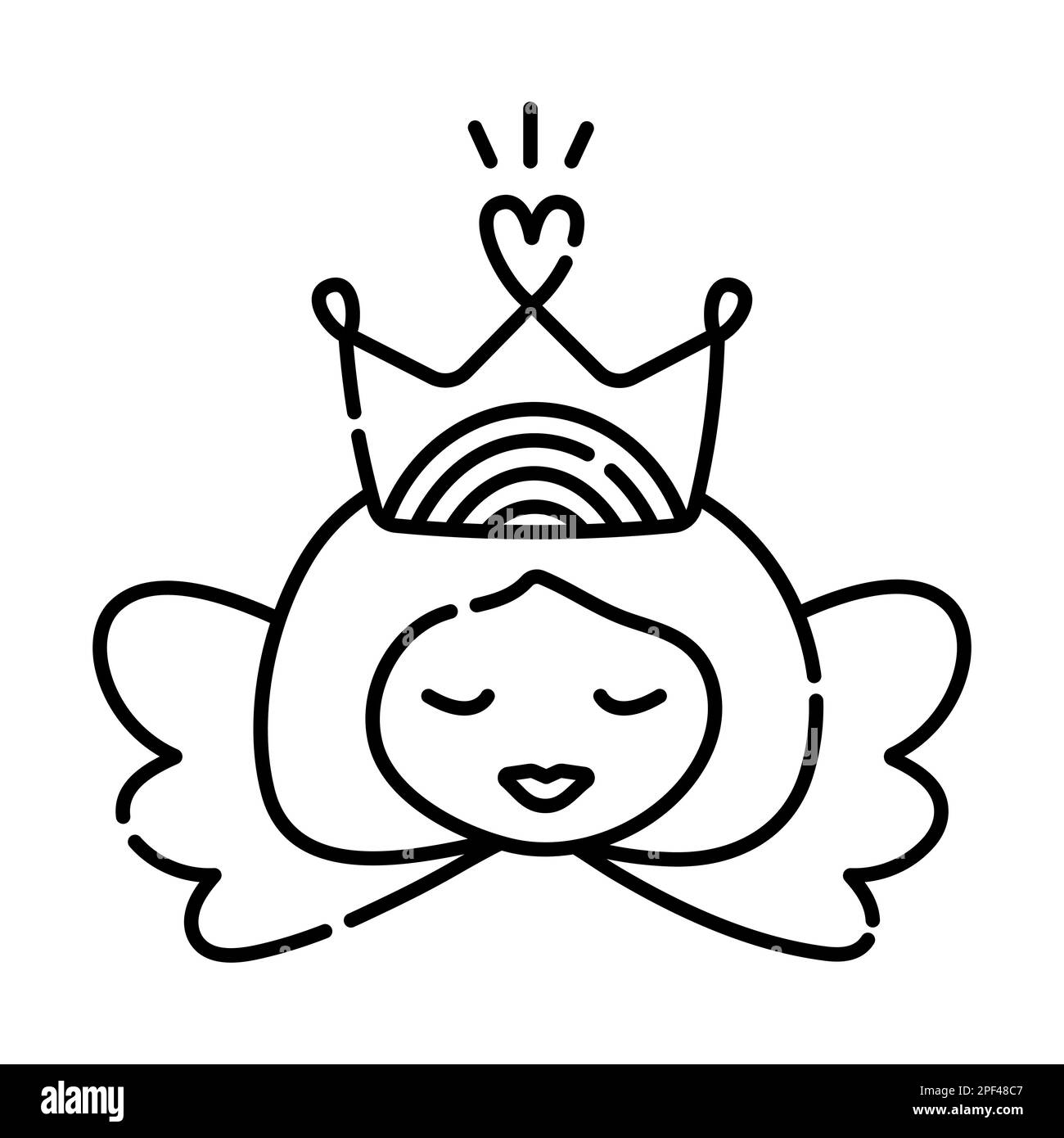 Queen head with wings, angel with crown, vector black line illustration ...