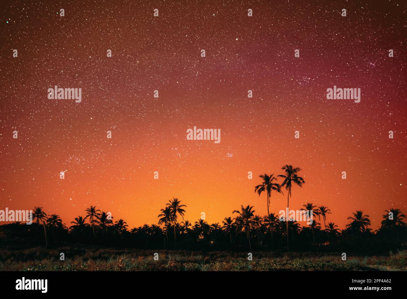 Goa, India. Amazing Night Bright Orange Sky Glowing Stars Background ...