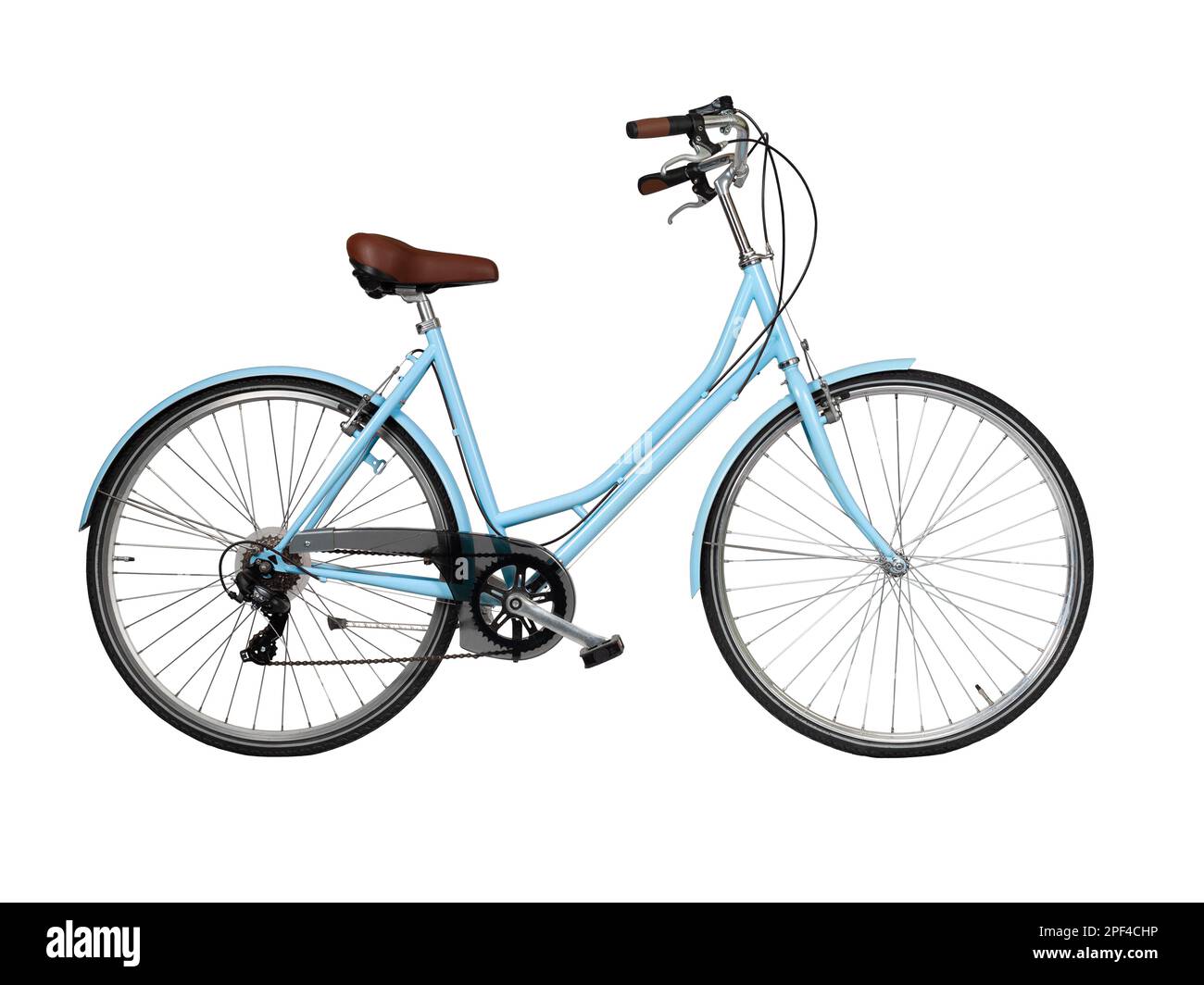 Blue retro bicycle, side view. Brown leather saddle and handles ...