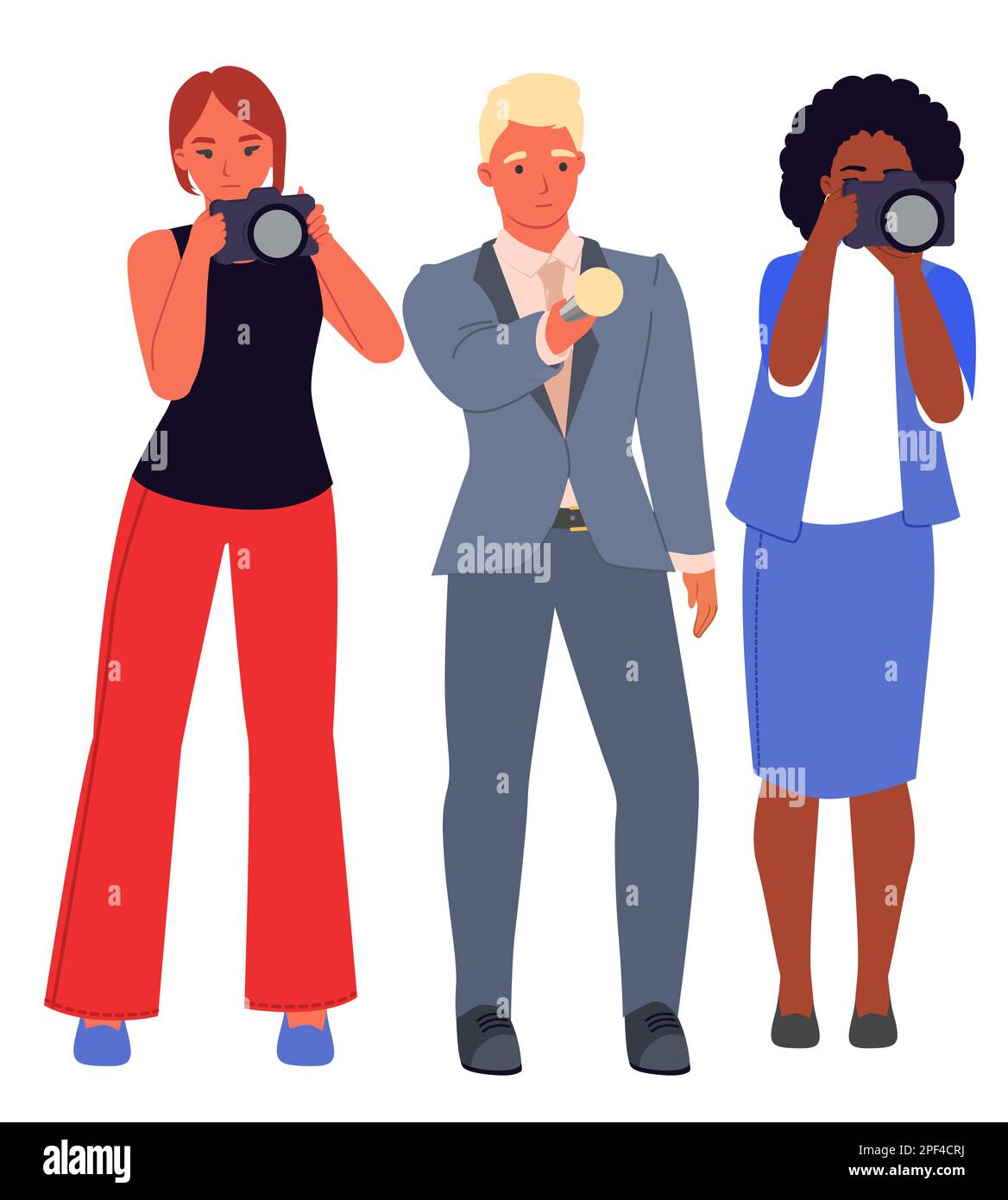 Journalists and photographer team vector illustration. News channels and radio stations workers ...