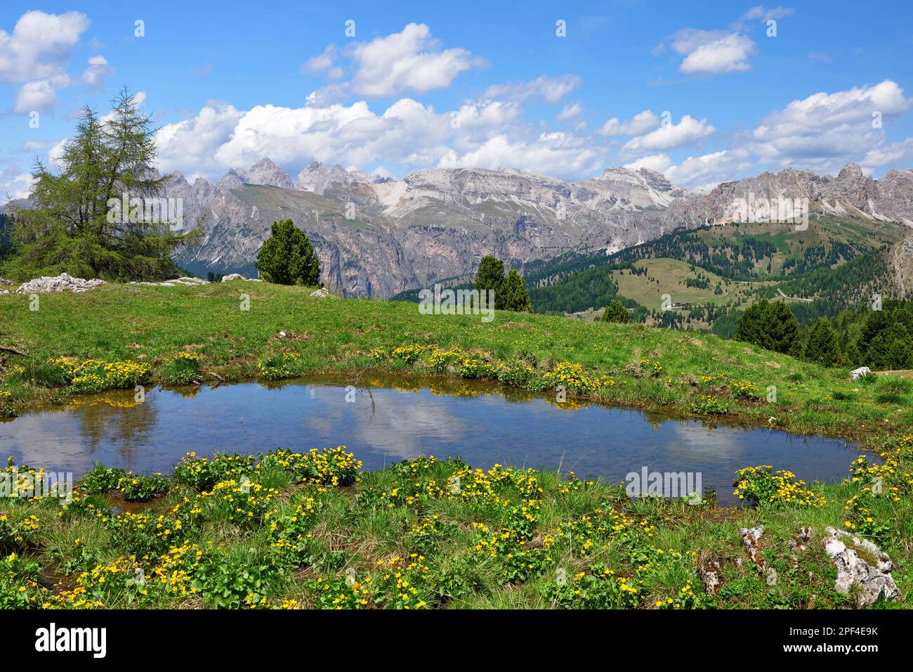 Sella Pass, pond with mountain panorama, South Tyrol, Italy Stock Photo ...