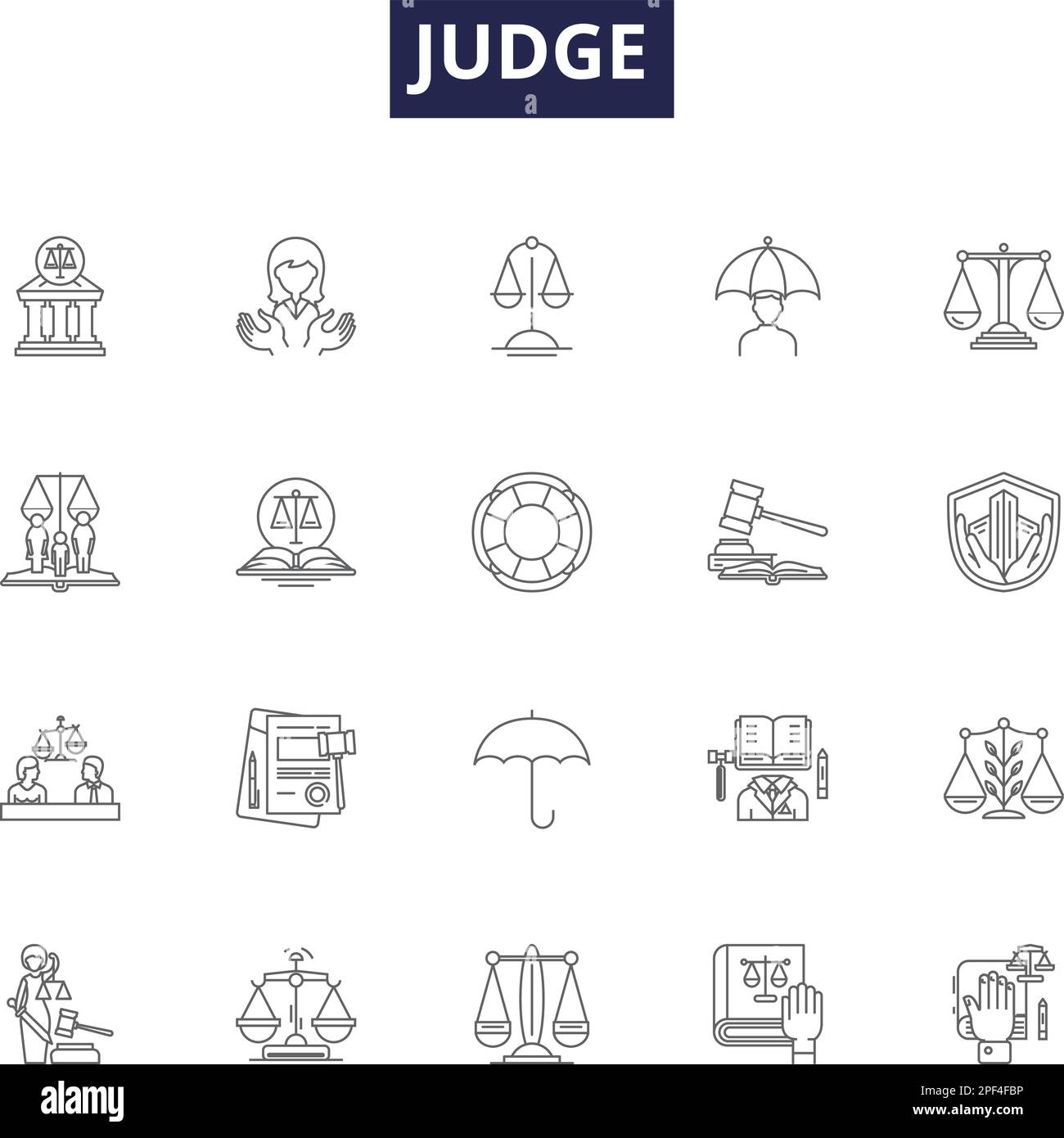 Judge line vector icons and signs. Decide, Assess, Umpire, Adjudge ...