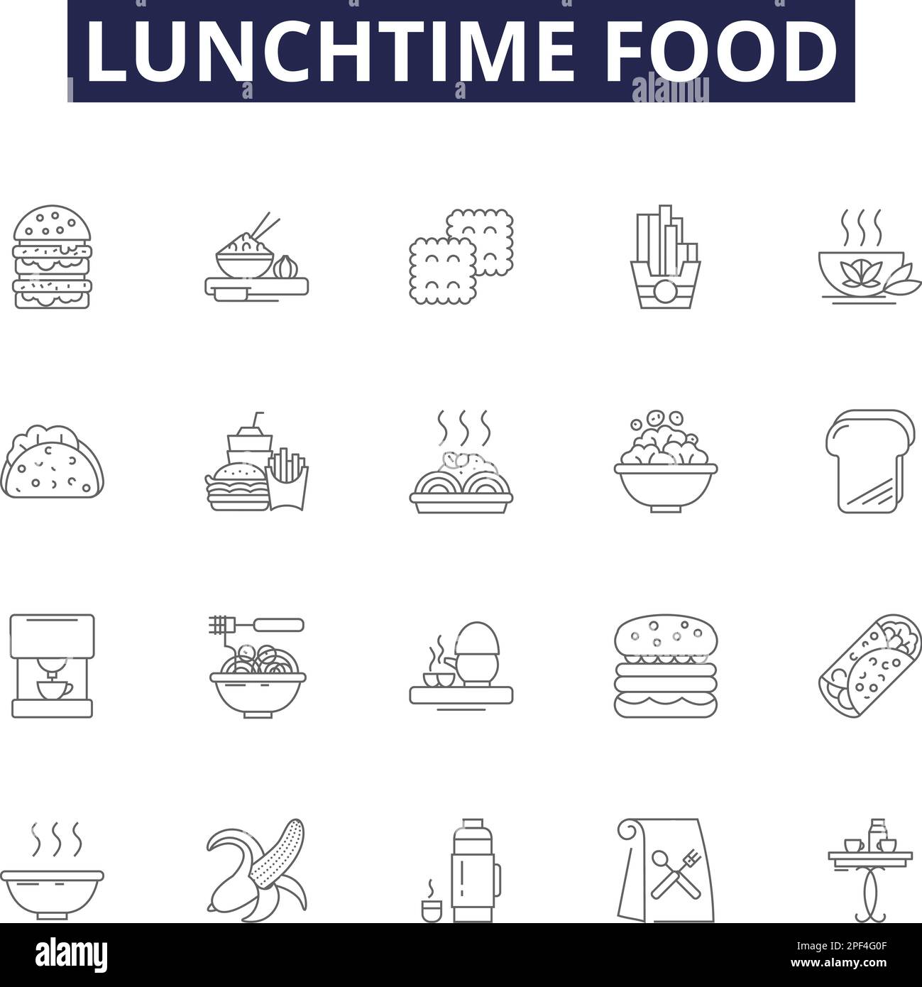Lunchtime food line vector icons and signs. Salad, Burger, Pizza, Soup ...