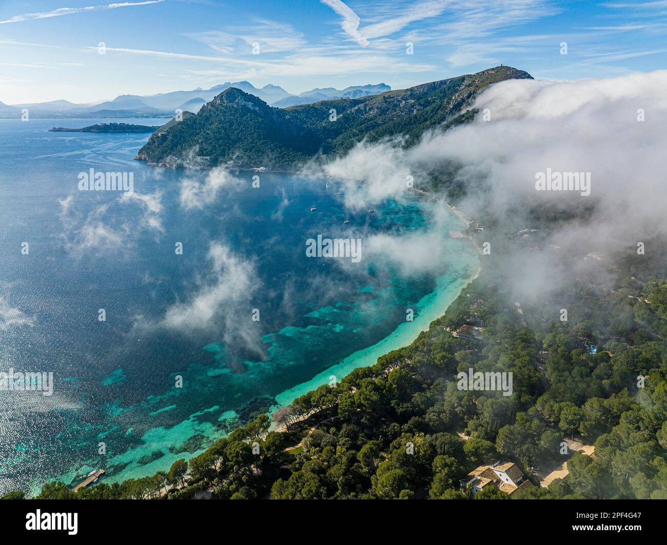 Aerial view, Spain, Balearic Islands, Port de Pollenca, Formentor ...