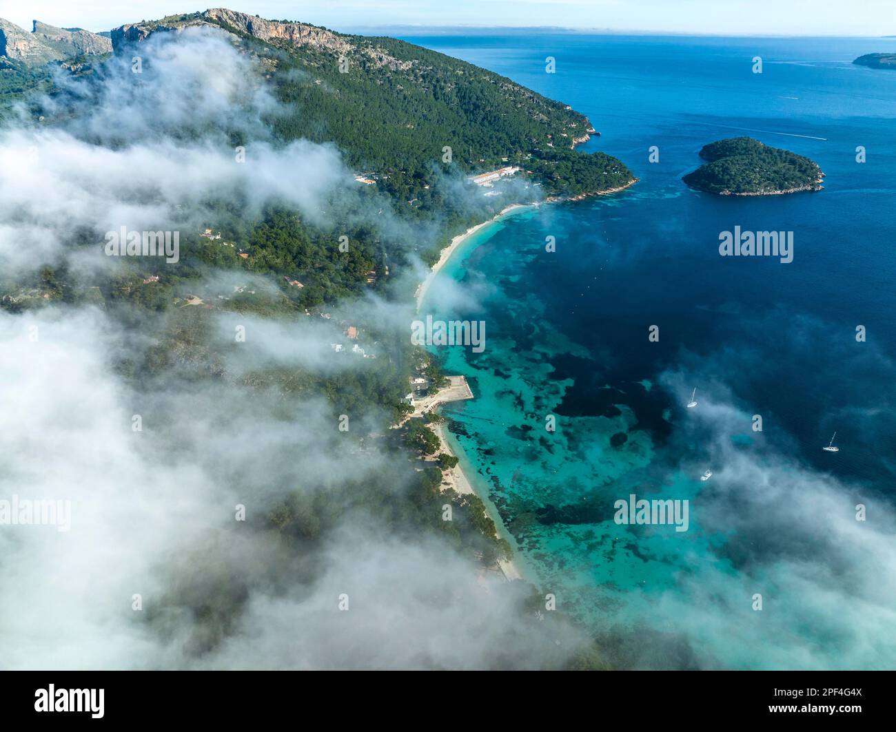 Aerial view, Spain, Balearic Islands, Port de Pollenca, Formentor ...