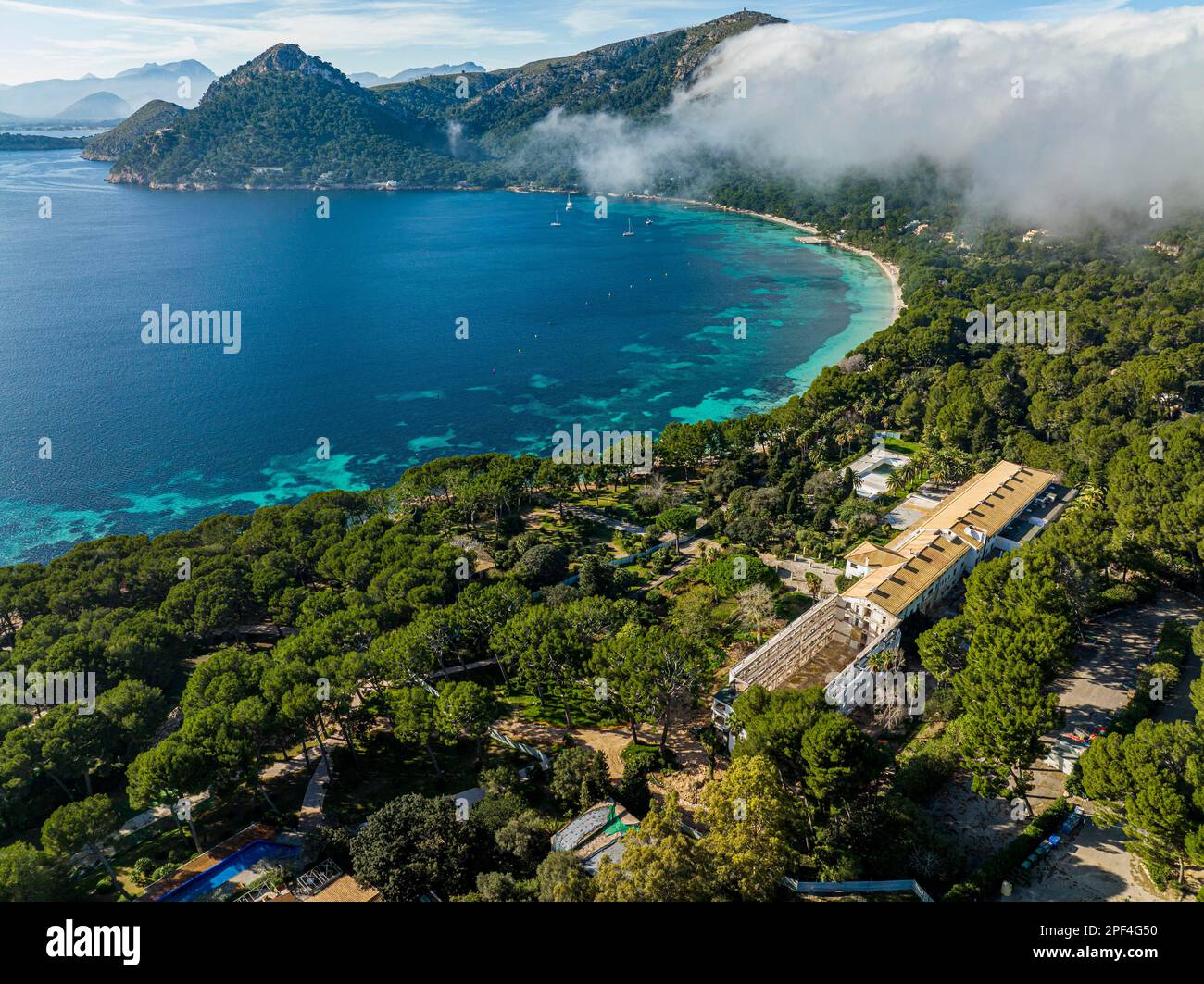Aerial view, Spain, Balearic Islands, Port de Pollenca, Formentor ...