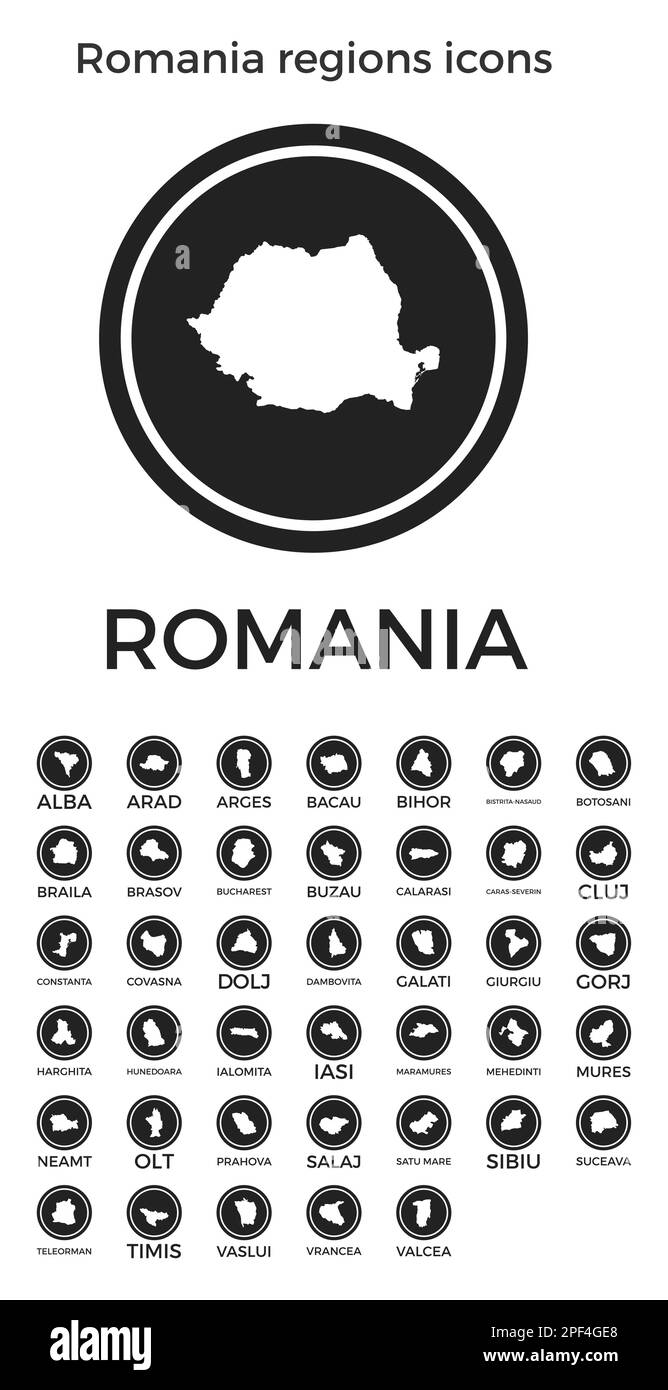 Romania regions icons. Black round logos with country regions maps and ...