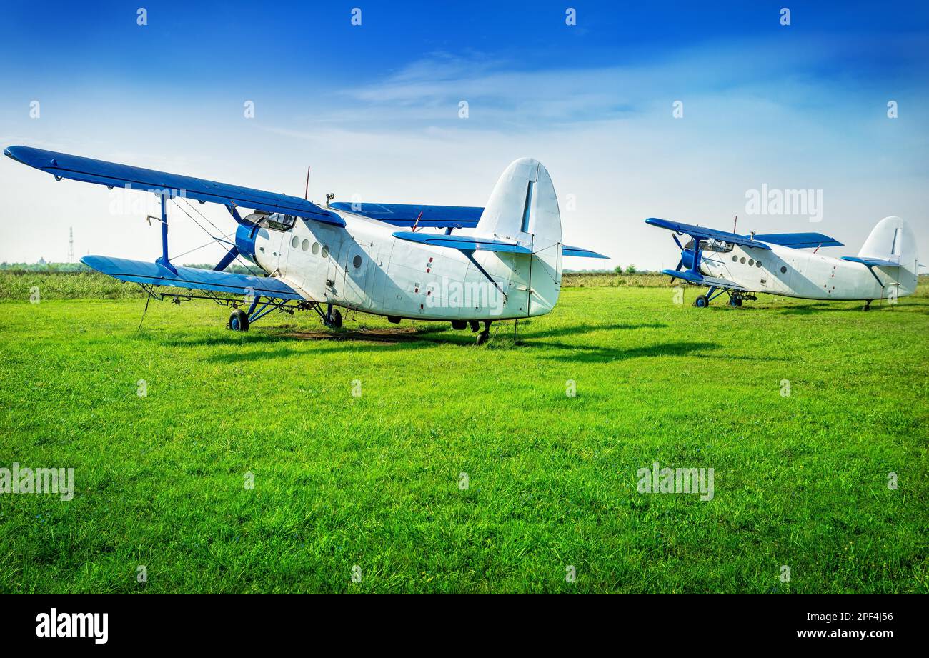 historic biplanes on a meadow Stock Photo - Alamy