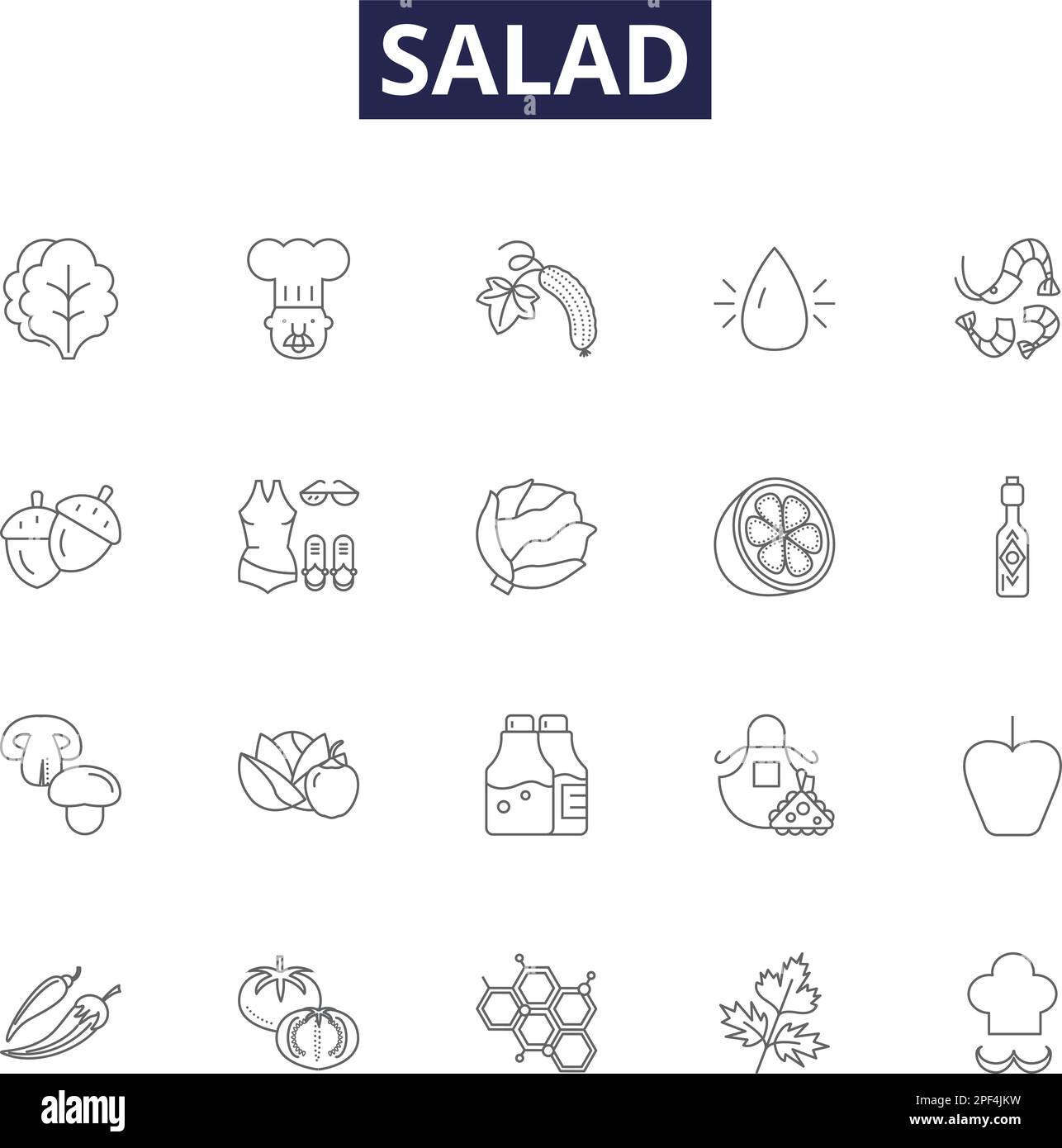 Salad line vector icons and signs. spinach, kale, tomatoes, peppers ...