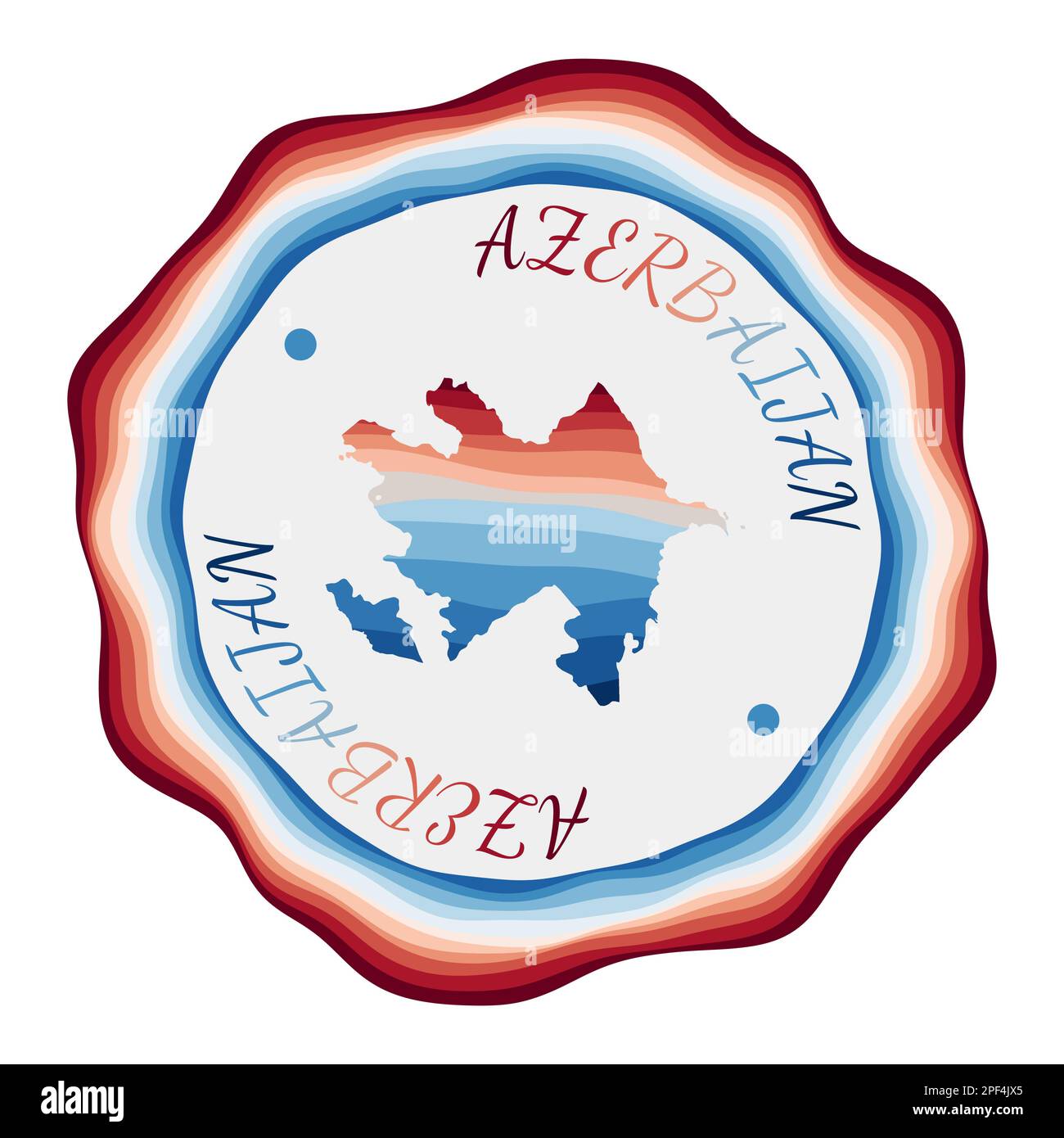 Azerbaijan badge. Map of the country with beautiful geometric waves and vibrant red and blue ...