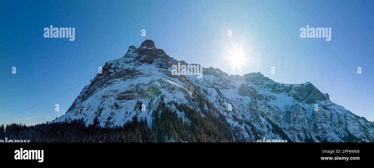 Pilatus in winter backlit, drone shot, Lauelenegg, Lucerne, Switzerland ...