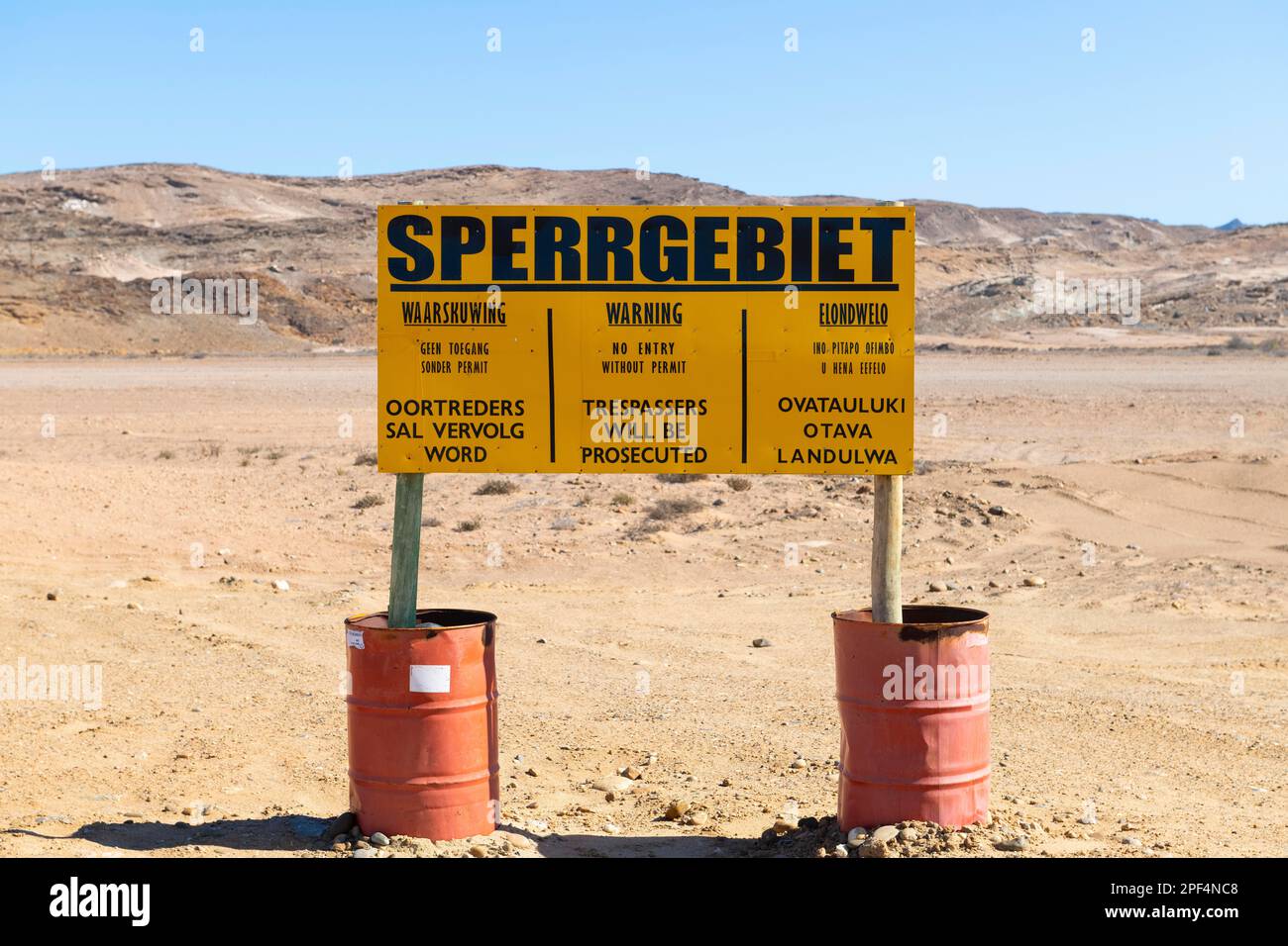 Warning sign at the diamond exclusion zone in the Sperrgebiet National ...