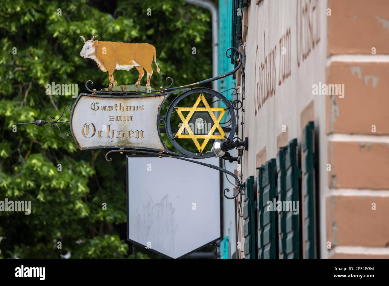 Inn sign Gasthaus Ochsen with brewers star, guild sign of the brewers ...