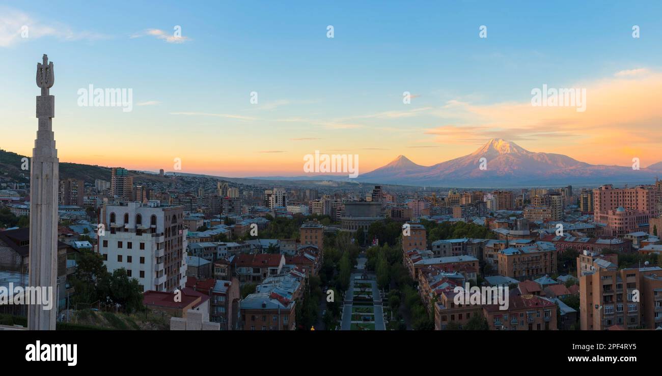 Mount Ararat and Yerevan seen from the Cascade at sunrise, Yerevan ...